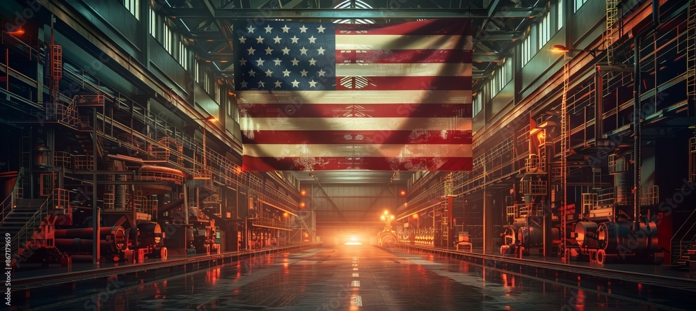 Oil refinery plant corridor with America flag. Fuel energy industry ...