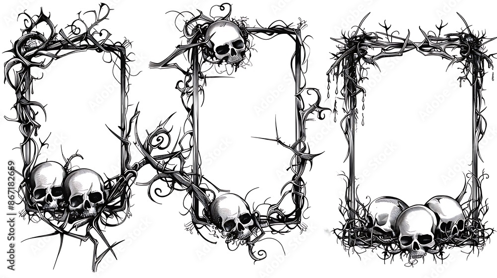 3 frames in a dark fantasy gothic style illustration with a white ...