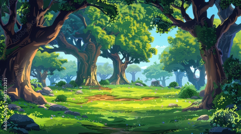 Enchanting cartoon forest landscape with lush green trees, vibrant ...