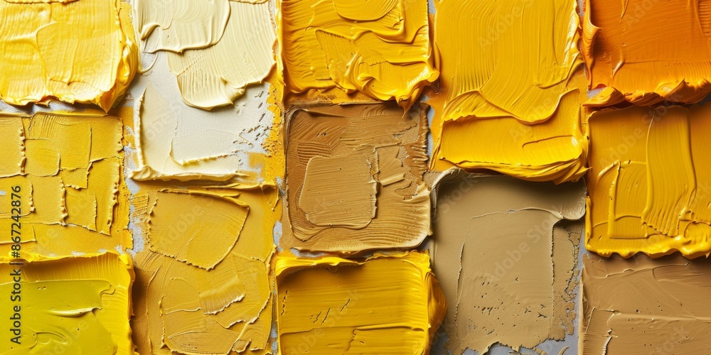 Vibrant and textured yellow paint swatches applied with palette knives ...