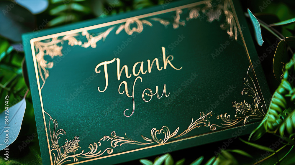 "Thank You" in elegant gold script on a rich emerald green card. Golden ...