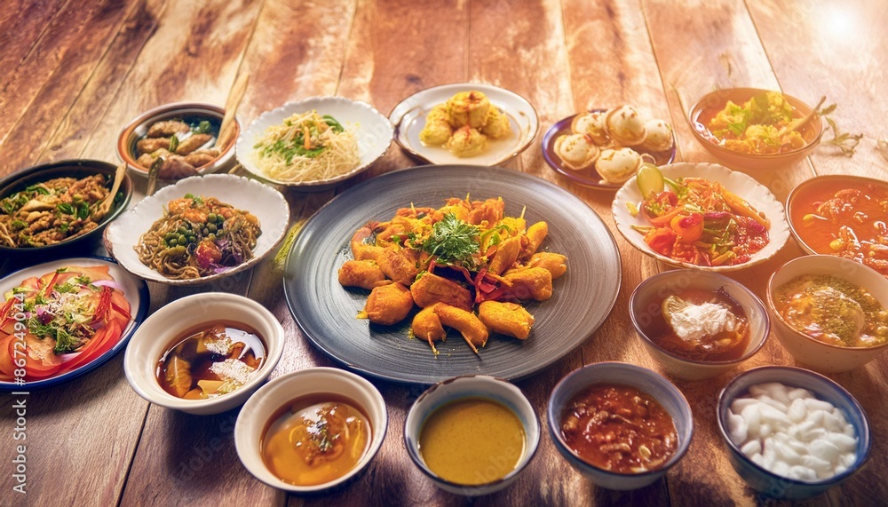 Illustrate a celebration of ethnic cuisines with a table filled with ...