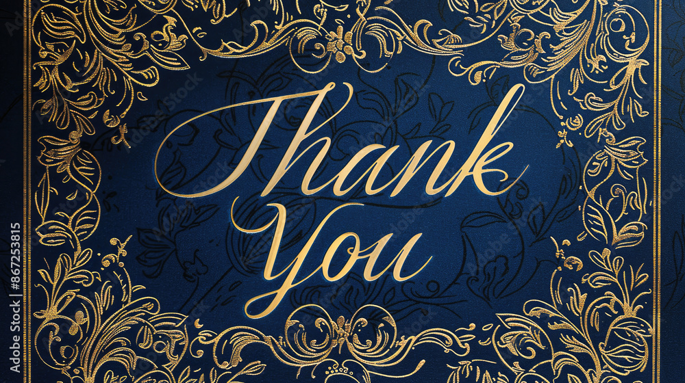 "Thank You" in opulent gold script on an exquisite navy blue card ...