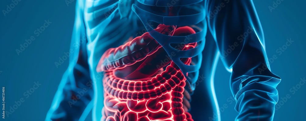 The human digestive system with highlighted intestines showing detailed ...