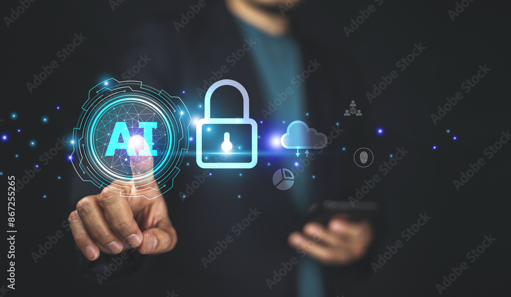 Businessman using AI technology for cybersecurity enhances threat ... Businessman using AI technology for cybersecurity enhances threat ...