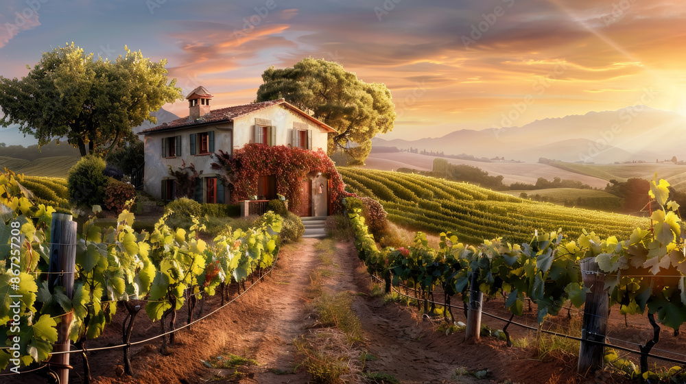 Charming vineyard house with lush grapevines and scenic sunset background, depicting idyllic ...