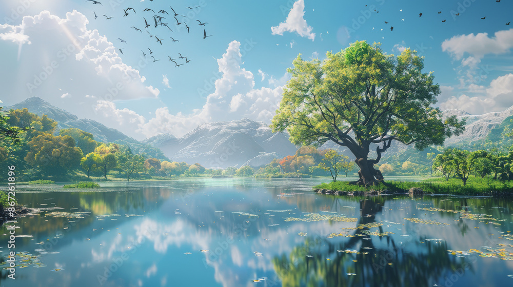 Digital Nature Fusion Show a serene natural landscape where digital D ...