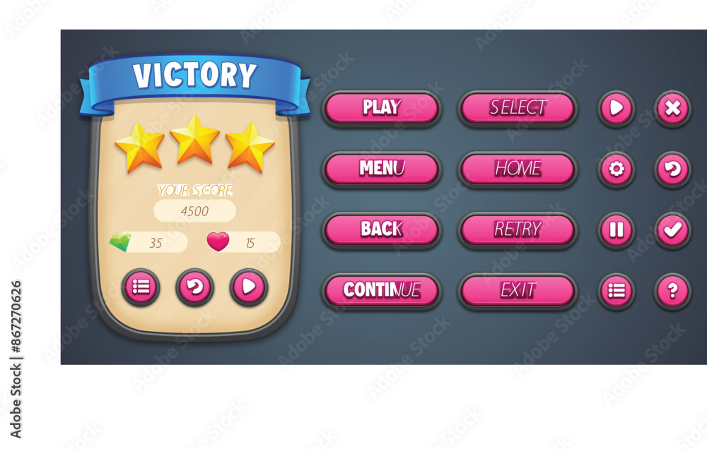 Vector pink theme premium game UI kit. Set of victory menu scene pop up, icons, and buttons with ...