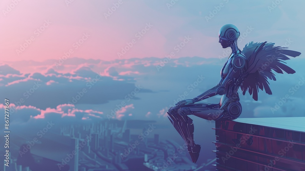 Robotic angel perched atop skyscraper, wings outstretched. Silhouette ...
