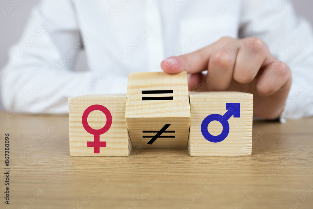 Hand flip wooden cube with unequal symbol changing to equal sign Stock ...