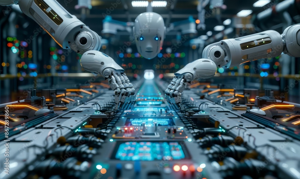 Aipowered Robotic Arms Manufacturing Plant Digital Control Panels Industrial Setting High