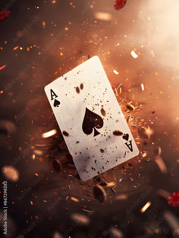 Ace of spades playing card flying through the air with exploding chips ...