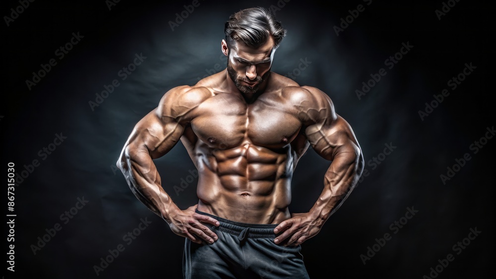 Powerful male physique showcased in isolated darkness, rippling muscles ...