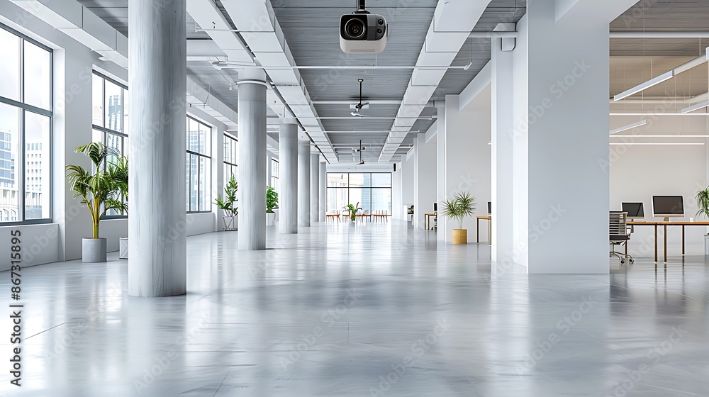 Modern office interior with white walls, pillars and large windows ...