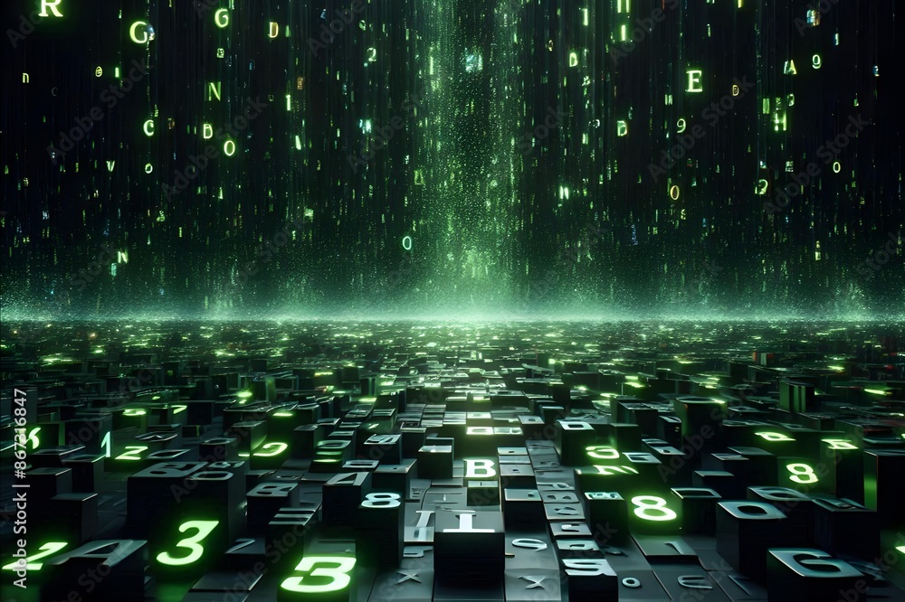 Code in Motion: Matrix-Inspired Green Symbols Dropping Against a Black Backdrop Wallpaper Stock ...
