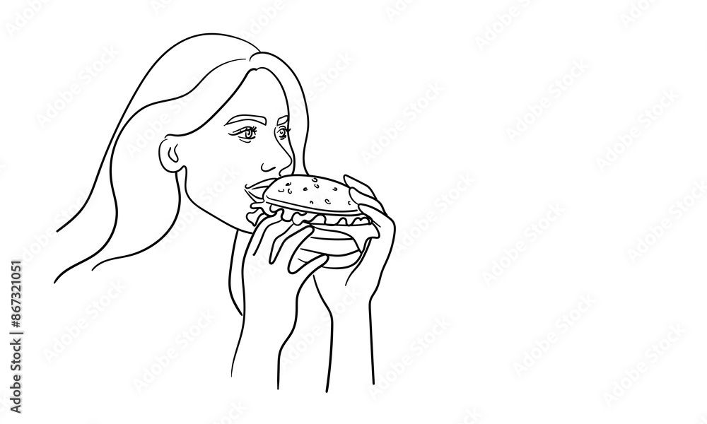 Girl eating burger continuous line art drawing isolated on white ...