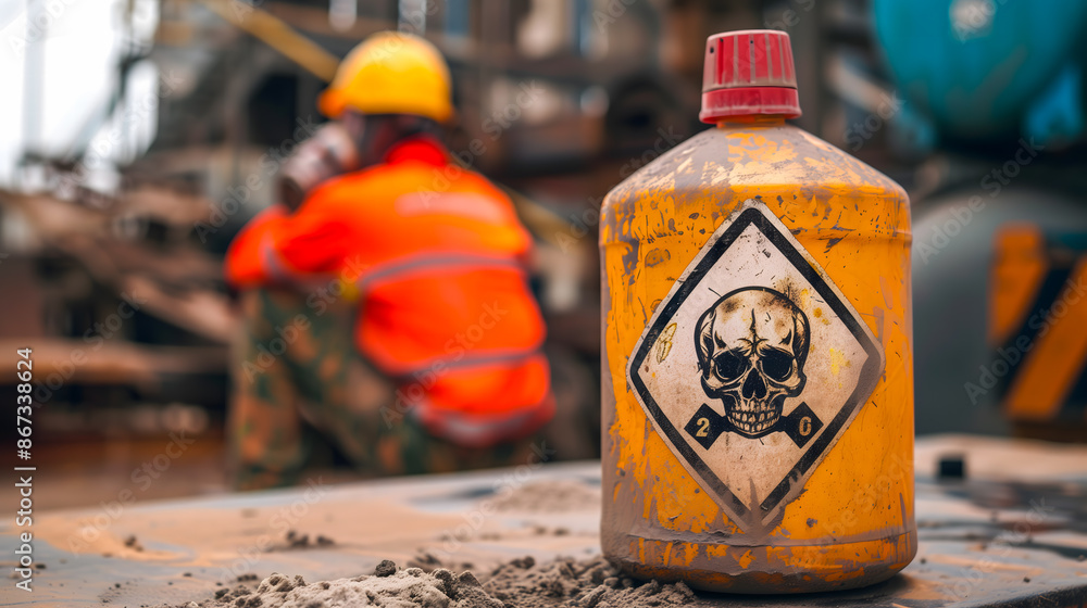 Un bidon jaune avec un symbole de danger "tête de mort" au premier plan ...