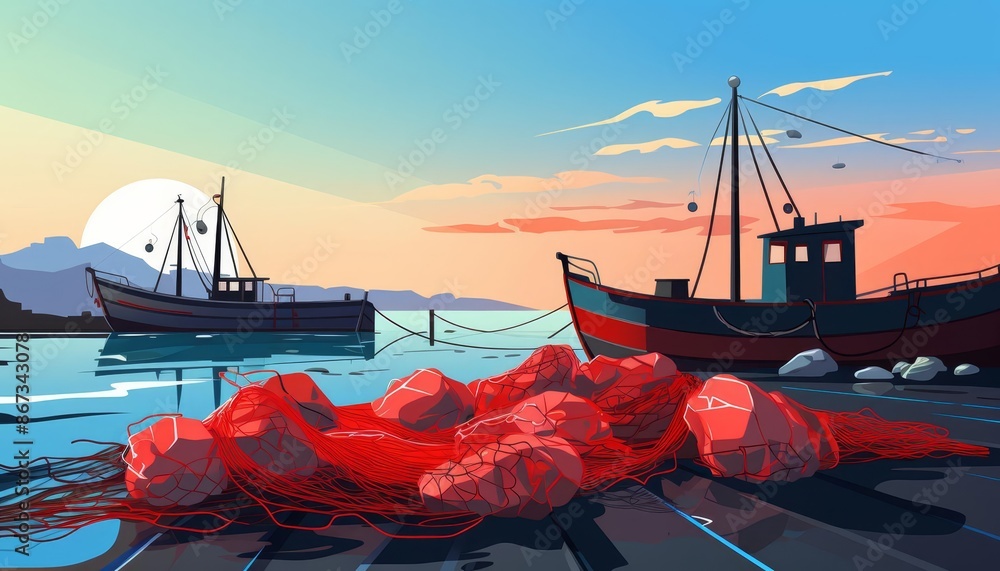 Dock background with fishing nets, flat design, top view, nautical ...