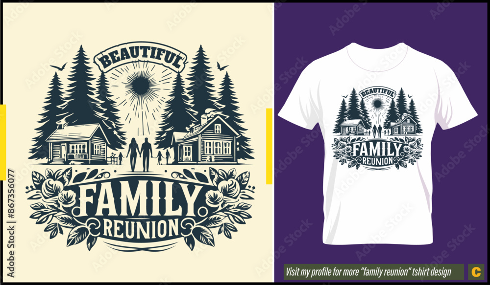Family reunion vector design with trees, birds, family members, reunion ...