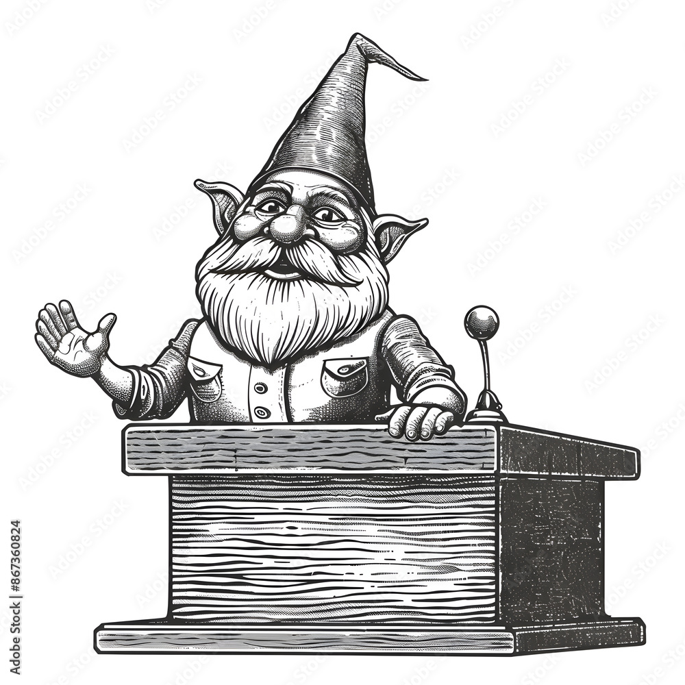 Public speaking gnome. A speaker, event host, speaking from a podium ...