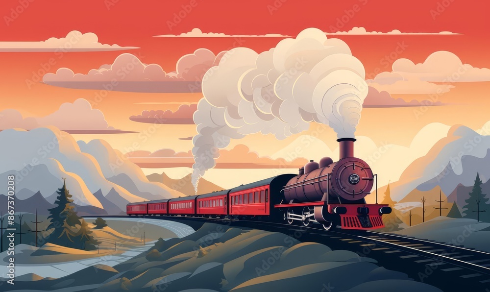 Railway background with steam engine, flat design, top view, industrial ...
