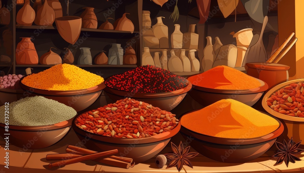 Spice market background with aromatic spices, flat design, top view ...