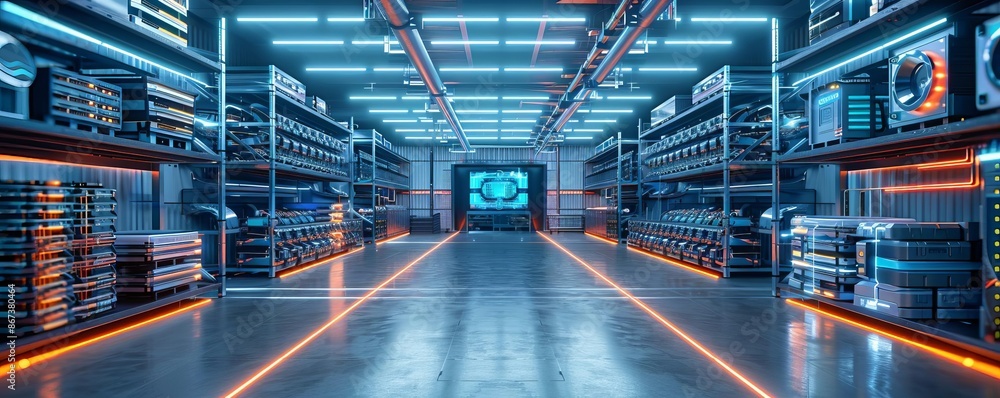 Warehouse bulk storage for fiberglass, organized racks, futuristic ...