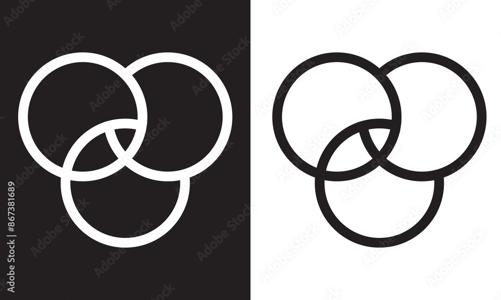 Simple overlapping circles vector drawing, version with three to seven objects, also interlocked ...