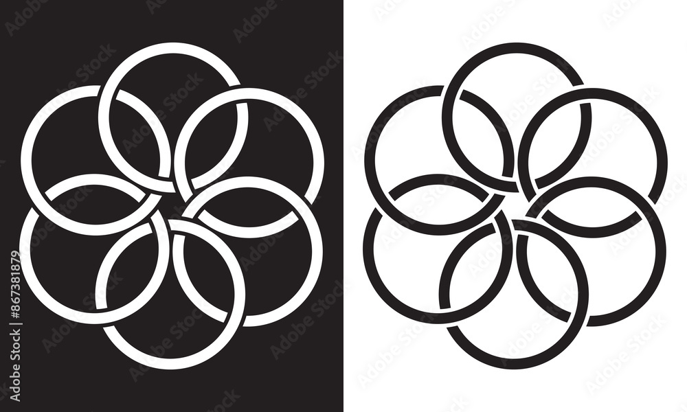 Simple overlapping circles vector drawing, version with three to seven objects, also interlocked ...