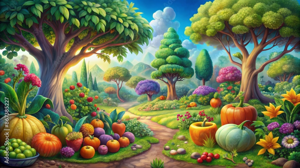 Vibrant whimsical cartoon garden scene featuring colorful fruit trees ...