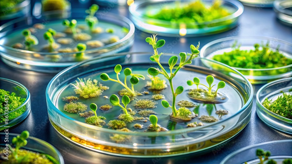 Microscopic view of plant cell growth in petri dish using agar gel and ...