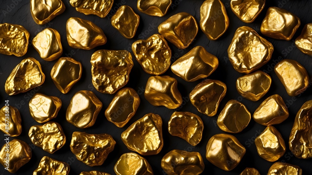 Bright shiny yellow gold nugget pieces on black background or precious ...