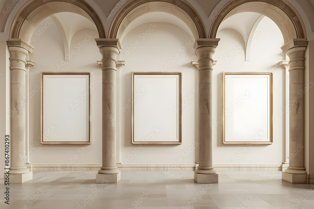 Arched gallery with columns and three empty frames on a wall, classical ...