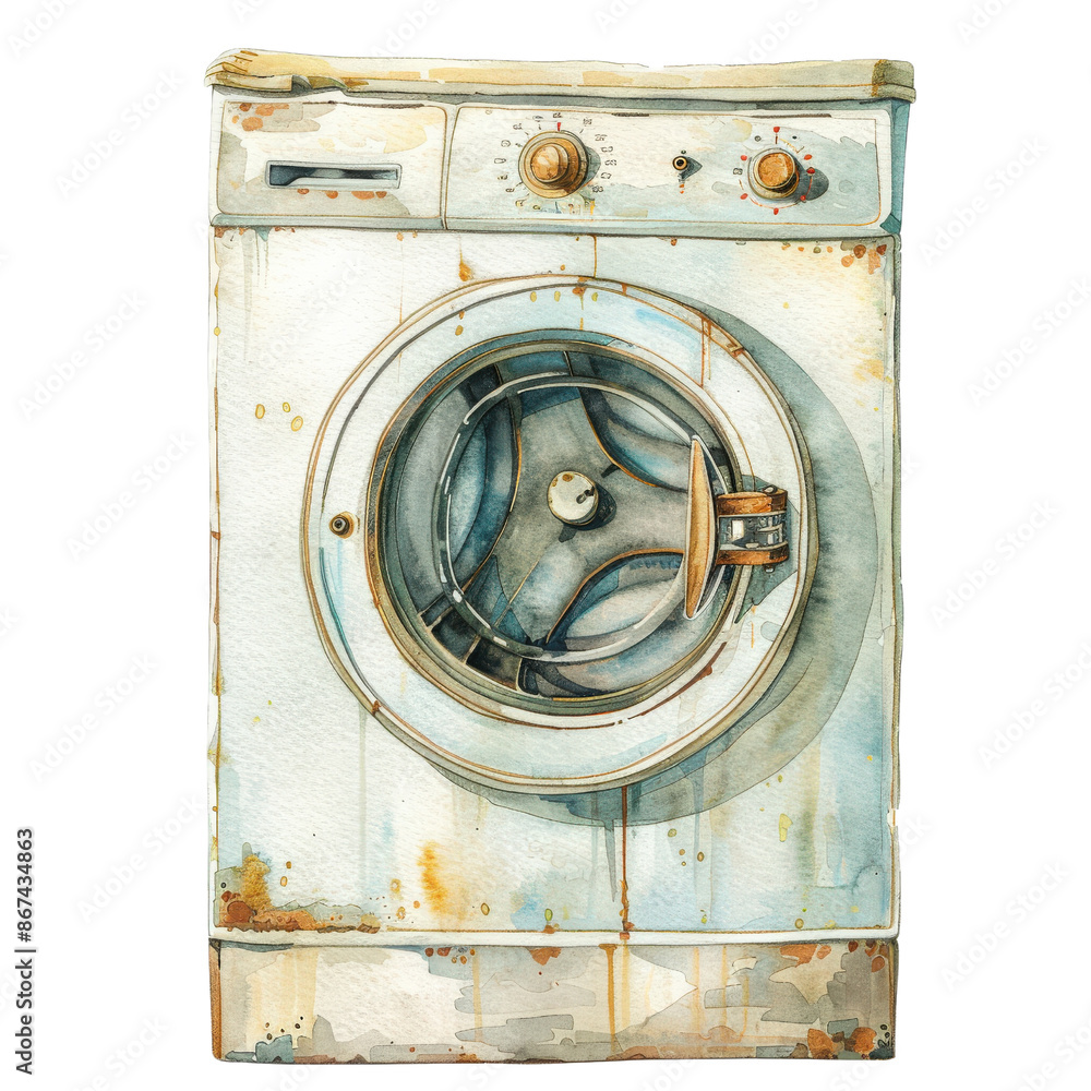 Vintage washing machine illustration with rustic, worn-out details and ...