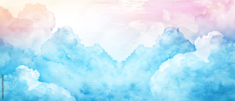 blue sky with clouds flat design, top view, tranquil theme, watercolor ...