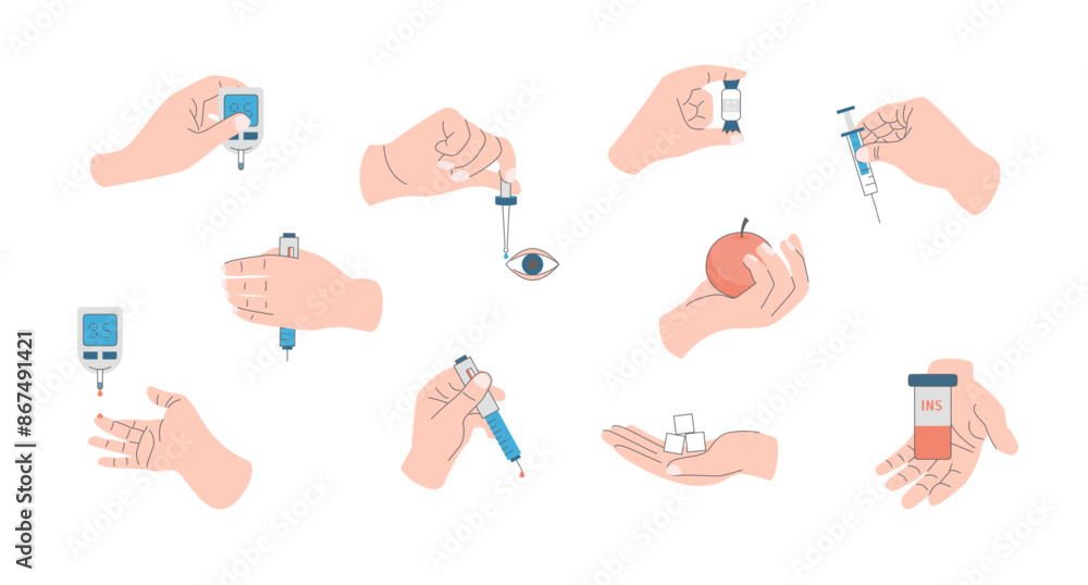 Cartoon Color Different Hand Gestures and Diabetes Devices Set Concept ...