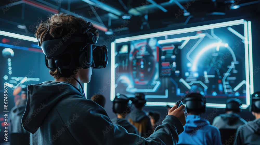 Virtual reality educational classroom with students exploring ancient ...