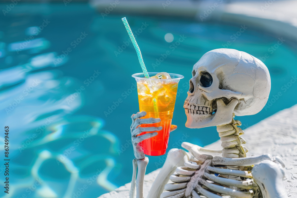 Skeleton is taking a break from the summer heat, enjoying a colorful ...