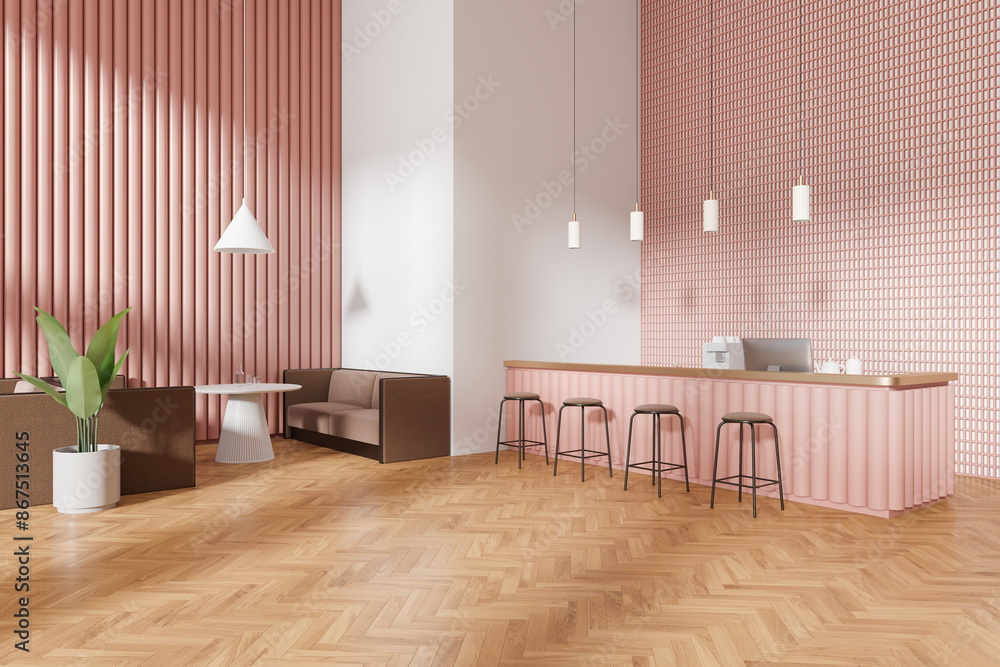 Modern cafe interior with pink and white walls, wooden floor, and ...