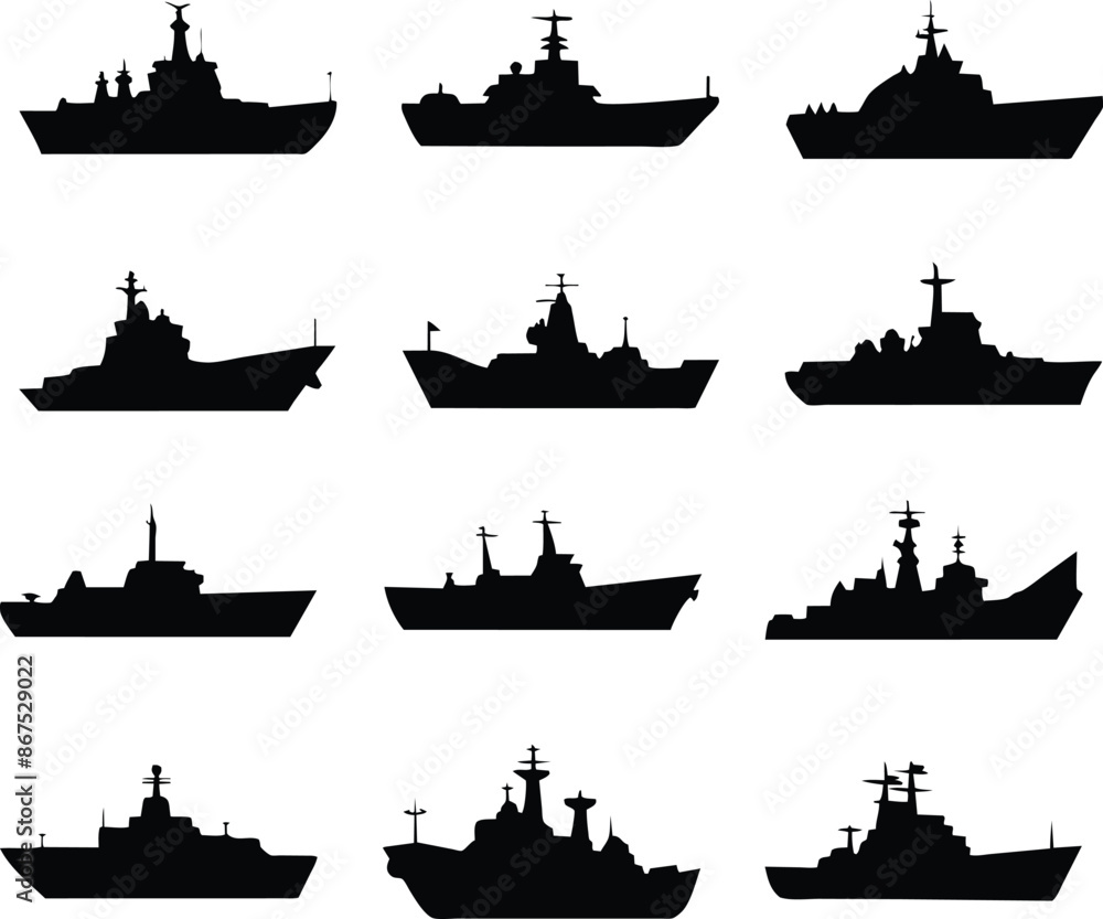 Military warships set. Fighter navy ships silhouette. Military vessels ...