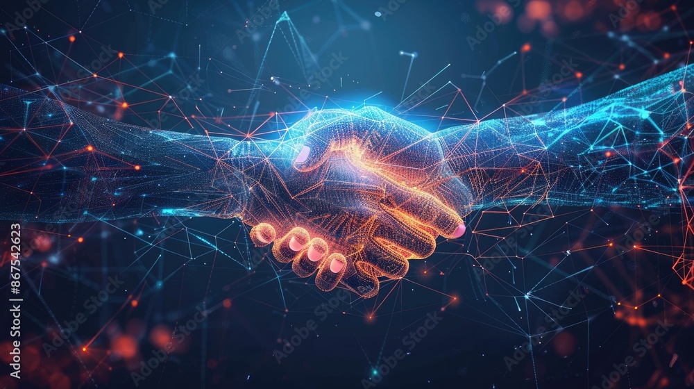 Futuristic business partnership concept. Abstract digital handshake ...