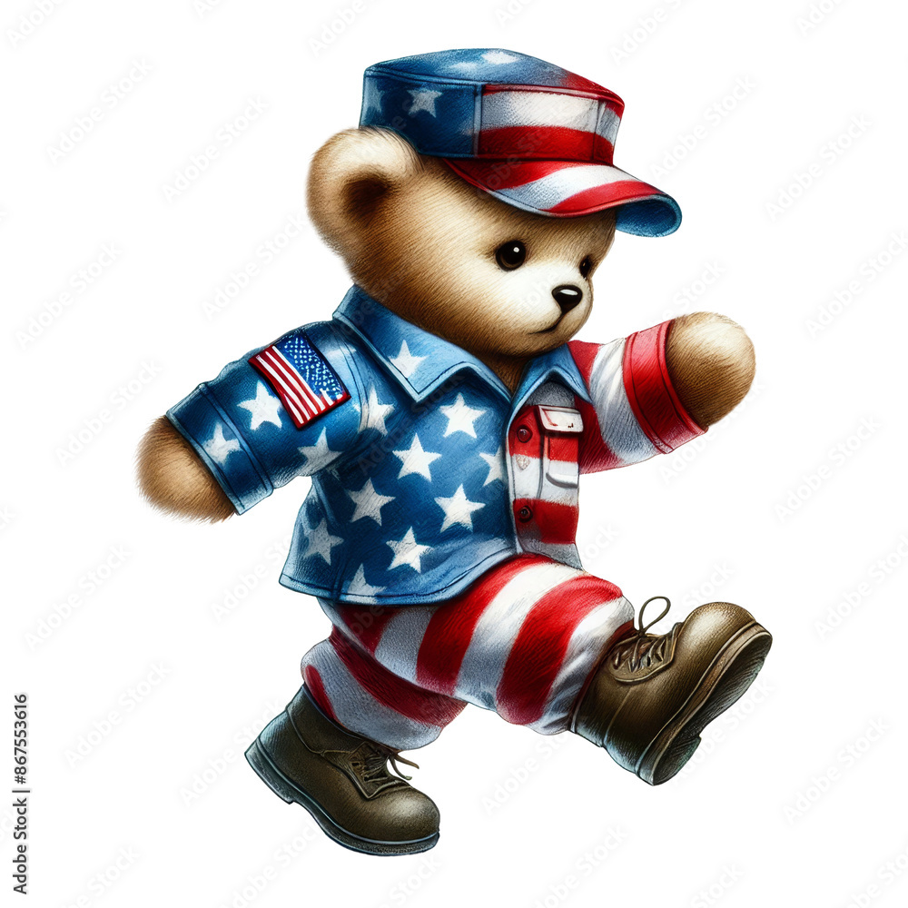 USA soldier teddy bear marching with American flag in a uniform clipart ...
