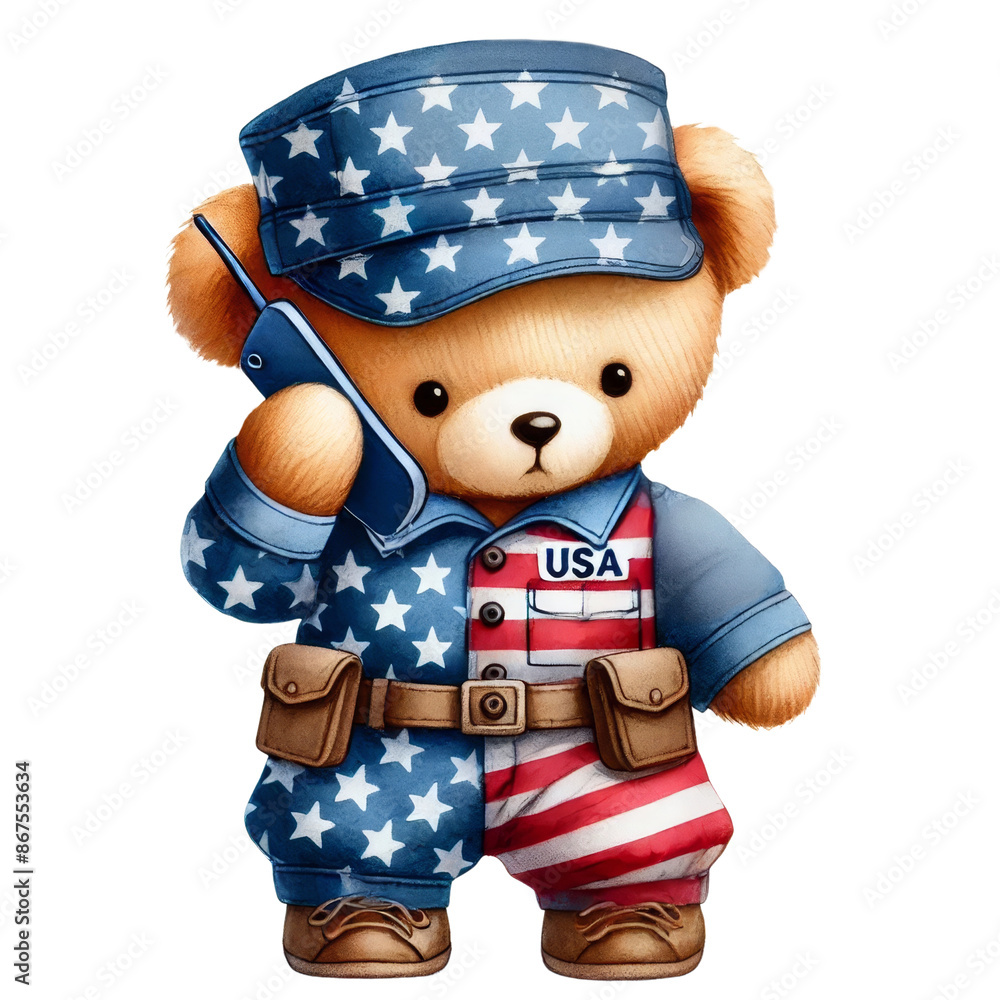 USA soldier teddy bear talking on the phone in an American flag uniform ...