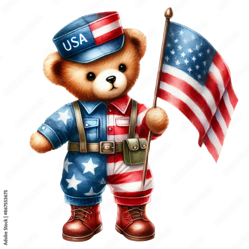 USA soldier teddy bear holding an American flag in a uniform clipart ...