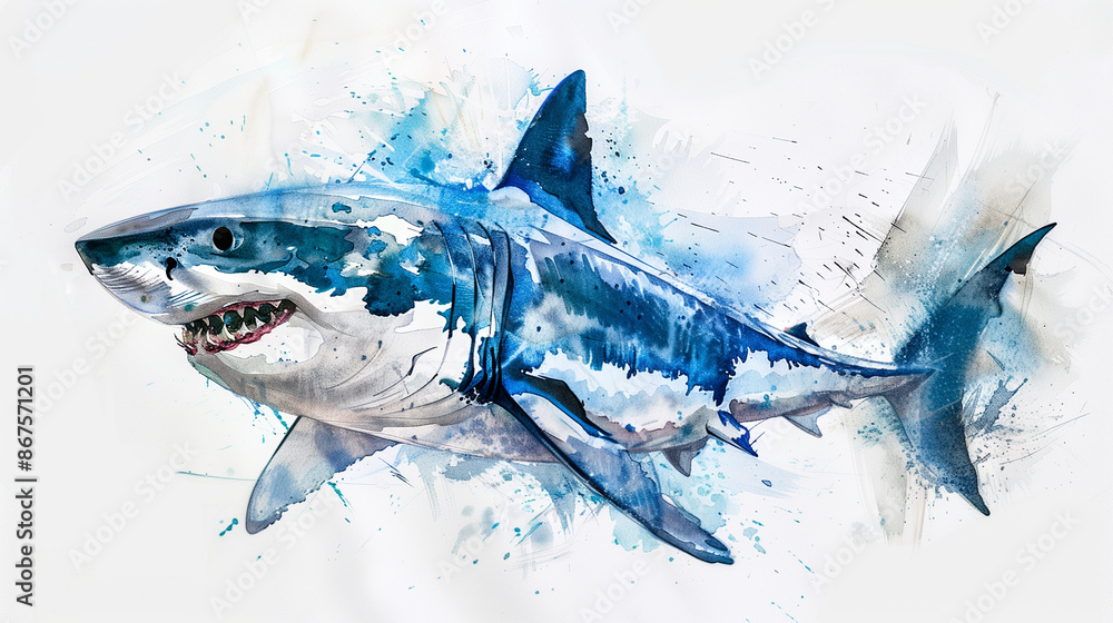 Watercolor illustration of a great white shark swimming in the ocean ...