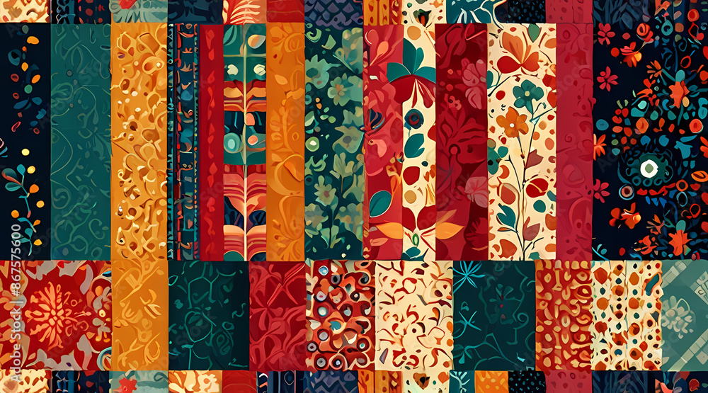Create a vibrant patchwork quilt illustration using a mix of ...