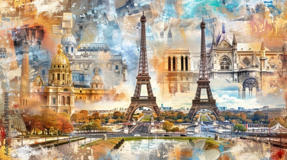 A vibrant artistic collage showcasing famous Parisian landmarks, with ...