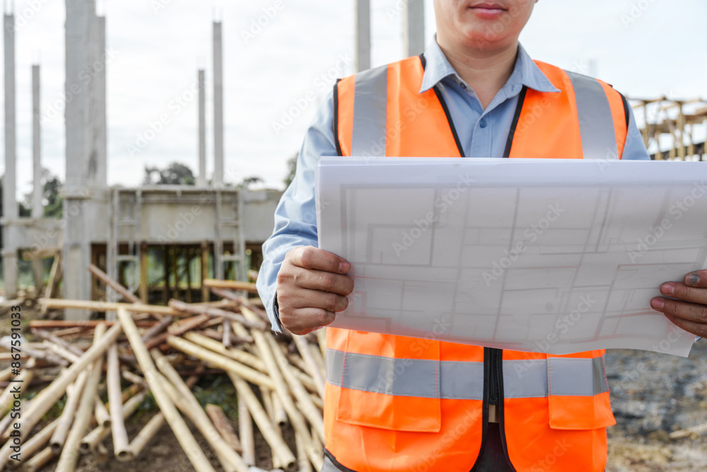 Male Asian construction contractor engineer checks structural plans ...