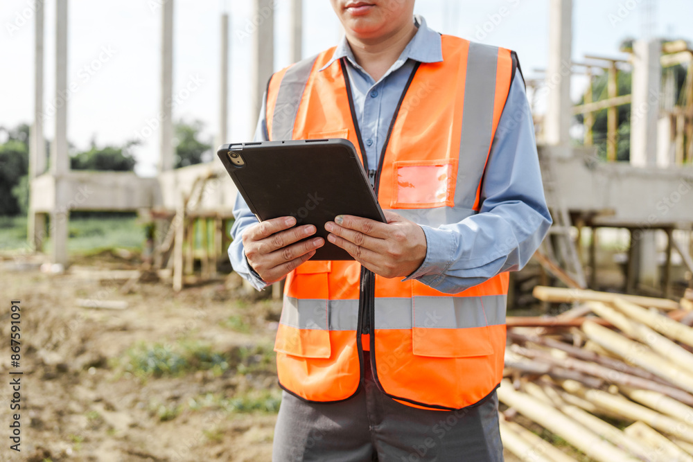 Male Asian construction contractor engineer checks structural plans ...