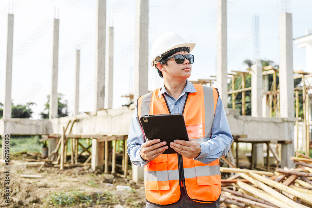 Male Asian construction contractor engineer checks structural plans ...